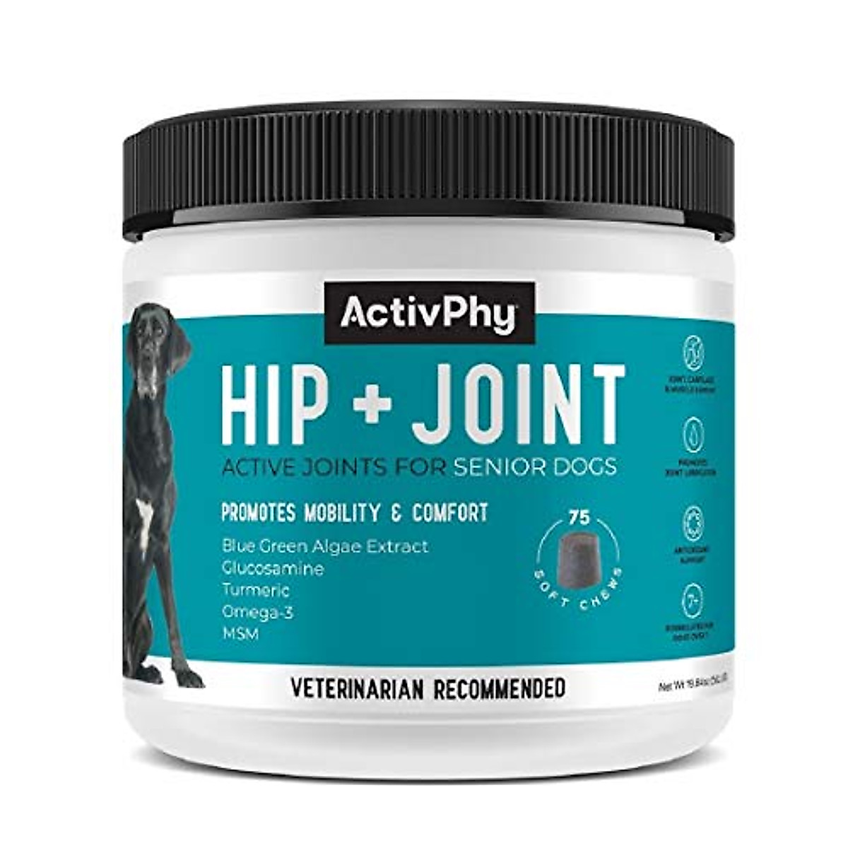 ACTIVPHY Hip + Joint Supplement with Glucosamine, MSM, and Blue Green Algae Extract, Vet Formulated, Anti-Inflammatory, Arthritis Relief, & Antioxidants, Made in USA, For Dogs, 75 ct