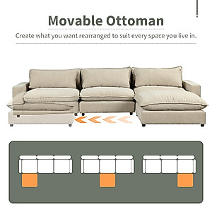 Merax 128" Sectional Sofa with Movable Ottoman and Soft Back Pillows, 4 Seat Sleeper Cloud Couch Set, L Shaped Convertible Chenille Upholstered SofaBed for Living Room, Apartments, Beige