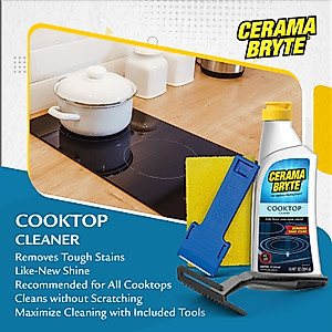 Cerama Bryte Combo Kit POW-R Grip, Scraper, Pads & Removes Tough Stains Cooktop and Stove Top Cleaner for Glass - Ceramic Surfaces, 10 Ounces, 6 Piece