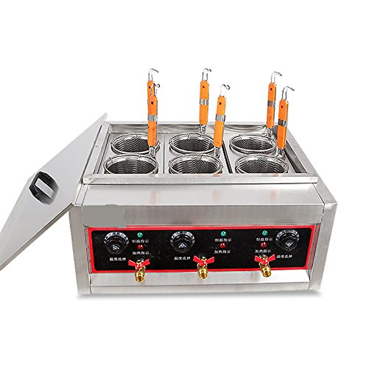 PreAsion 220V Commercial Pasta Cooker 6 Holes Noodle Cooking Machine Pasta Makers Boiler Cooker Machine Noodles Table with 6 Basket Stainless Steel Blade Noodle Dumpling Maker with Noodle Filter