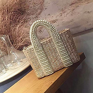 OWLEEN New Women's Bag with Pearl Ladies Tote Handbags Handmade Straw Basket Messenger Bag for Vacation Life, Creamy-white