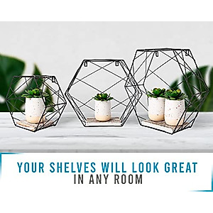 Comfify Industrial Wall Mounted Honeycomb Floating Shelves Set of 3 Decorative Hexagon Metal Wire Shelves – Large, Medium and Small - Modern Shelves for Home, Office and More - Rustic White