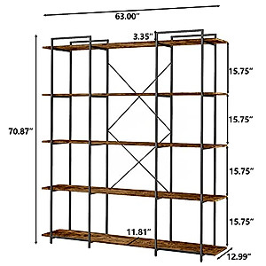 Auromie Triple Wide 5 Tier Bookshelf, 70.8’’ H x 63’’ W Rustic Etagere Bookcase Garage Storage Shelf Rack, Industrial Freestanding Display Shelf, Extra Large Storage Rack Shelving Unit for Home Office