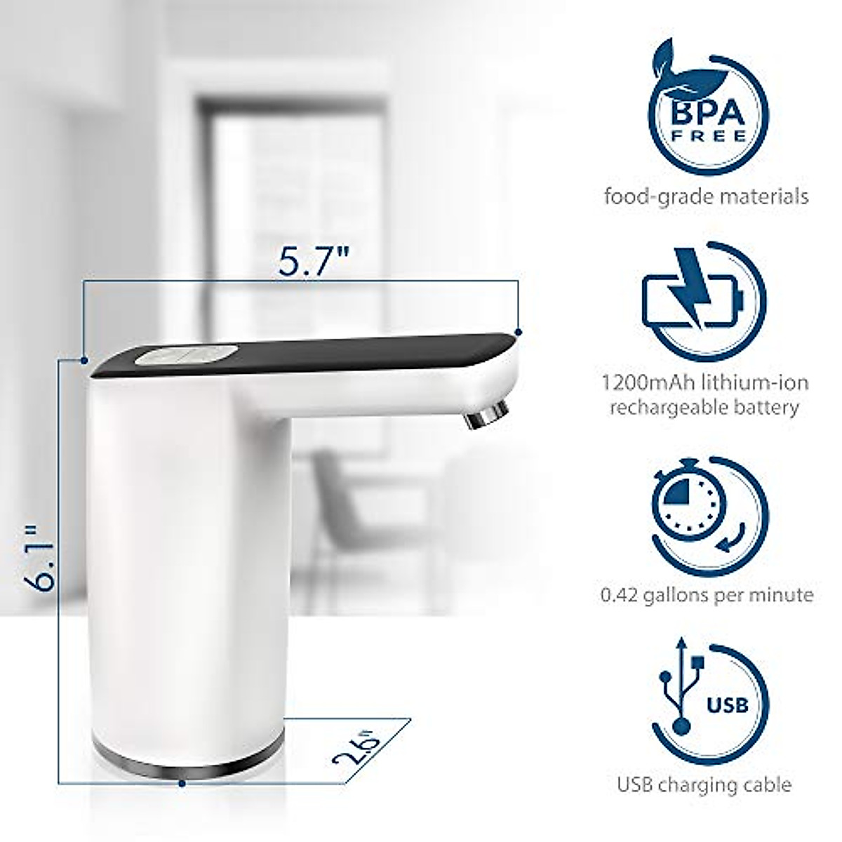 HotFrost Electric Water Bottle Pump - Water Dispenser for 5 Gallon Bottle - Food-Grade Materials, Chrome-Plated Spout, Silicone Tubing - Low Noise, 1 Cup Option, Pours 4 to 5 Jugs Per Charge