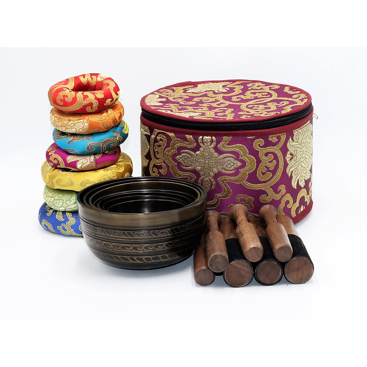 SANSKAR NEPAL Tibetan Singing Bowl Set of 7 High Sided Black with Carry Box | Bells for Meditation and Yoga | Sound Therapy Instruments | Singing Bowl Set for Chakra Healing