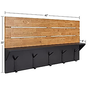 Kate and Laurel Samuels Farmhouse 5-Hook Wall Shelf, 42 x 5 x 22, Rustic Brown and Black, Decorative Wall Storage