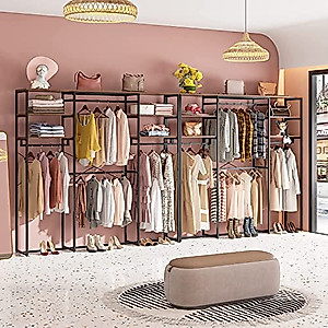 LITTLE TREE Free Standing Closet Organizer, Large Heavy-duty Garment Rack with Shelves and Hanging Rods,Open Wardrobe for Bedroom,Brown