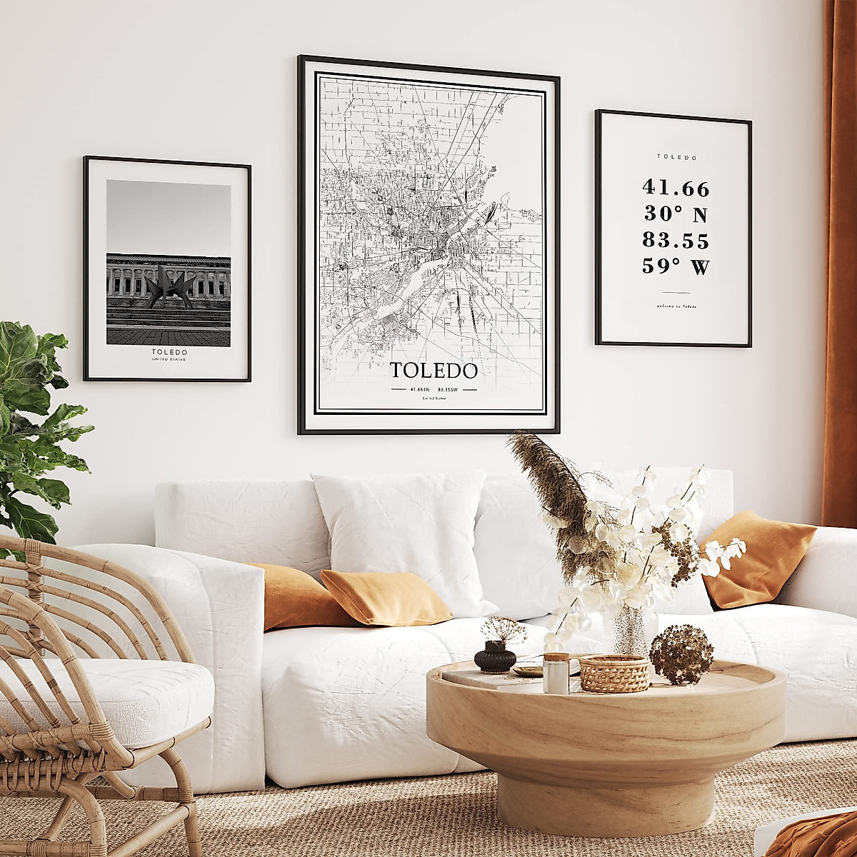 Dear Mapper Toledo United States View Abstract Road Modern Map Art Minimalist Painting Black and White Canvas Line Art Print Poster Art Line Paintings (Set of 3 Unframed) (12x16inch)