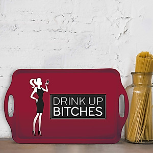 Chris's Stuff Wine Serving Tray with Handle 18.8 x 11.8 Inch - 100% Melamine Food Safe (Drink Up Bitches)