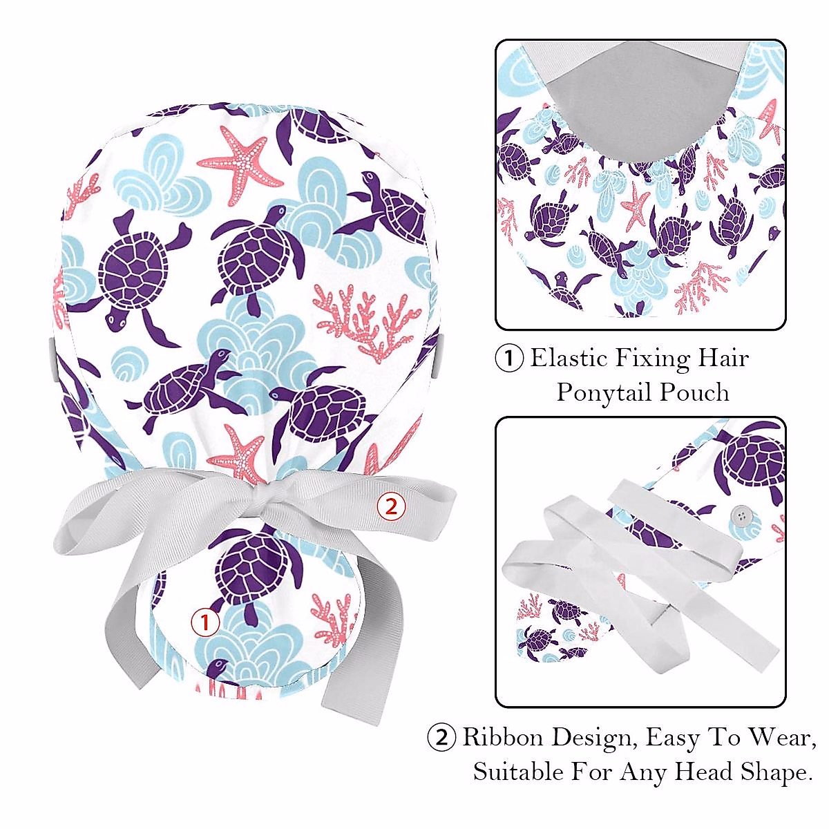 Ocean Turtle Working Caps with Buttons, Long Hair Scrub Hats Ponytail Holder for Women