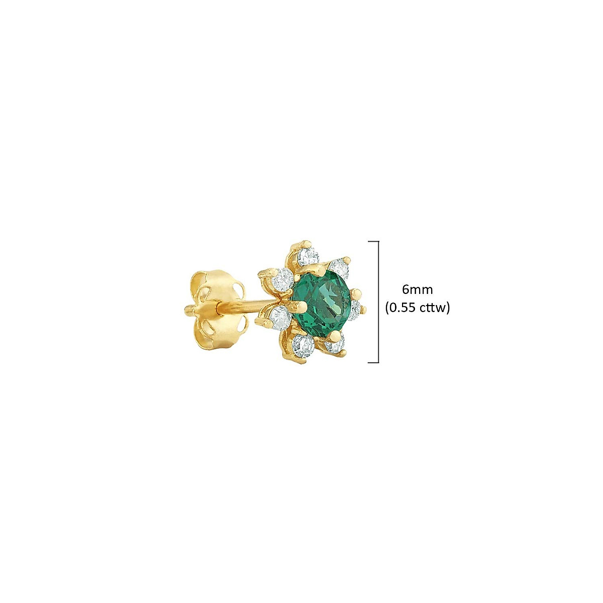 MAX + STONE 14k Yellow Gold Created Green Emerald and Diamond Flower Halo Stud Earrings for Women with Push Backs 4mm May Birthstone