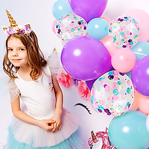 RUBFAC 60pcs Mermaid Balloons with Latex Confetti Balloons, Light Pink Purple Blue Balloons and Ribbons for Birthday Party Decorations Mermaid Party