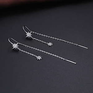 SLUYNZ Sterling Silver CZ Star Dangle Earrings for Women Teen Girls Long Dangle Earrings Threader Tassel (A-Silver)