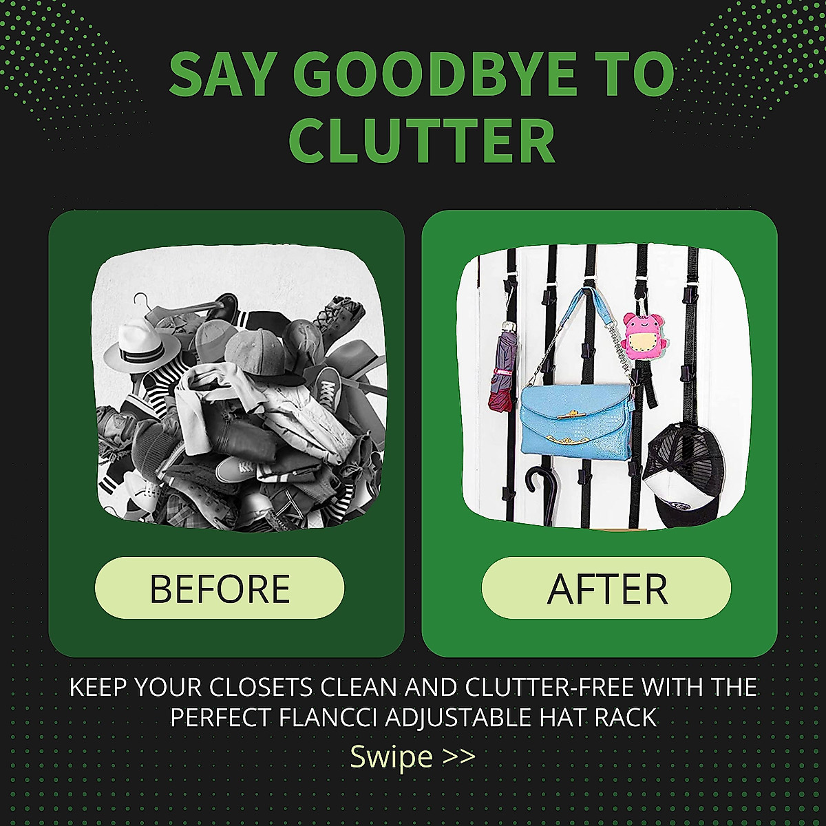 FLANCCI Hat Rack Organizer over the door, Baseball cap holder, hat hanger for closet door rack, Adjustable hat storage racks, Two Straps, Holds up to 18 Caps with adjustable hanging hooks