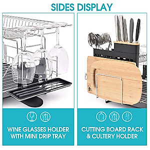 KINGRACK 2 Tier Dish Rack, 304 Stainless Steel Dish Drainer, Large Capacity Dish Drying Rack with Drip Tray, Removable Cutlery Cutting Board Wine Glasses Cups Holder & Plate Rack for Kitchen