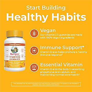 MaryRuth Organics Vitamin D3 Gummies, 2 Month Supply, Adults & Kids Gummies, Immune Support Supplement, Vitamin D3 1000IU for Bone Health & Muscle Function, Vegan, Non-GMO, Gluten Free, 60 Count