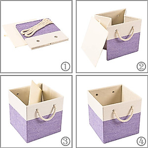 PRANDOM Large Foldable Cube Storage Bins 13x13 inch [4-Pack] Fabric Linen Storage Baskets Cubes Drawer with Cotton Handles Organizer for Shelves Nursery Closet Bedroom Purple