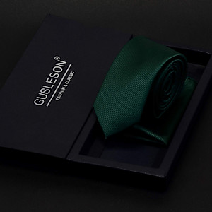 GUSLESON Solid Dark Green Emerald Skinny Tie For Men Classic Slim Necktie and Pocket Square Set (0754-08)