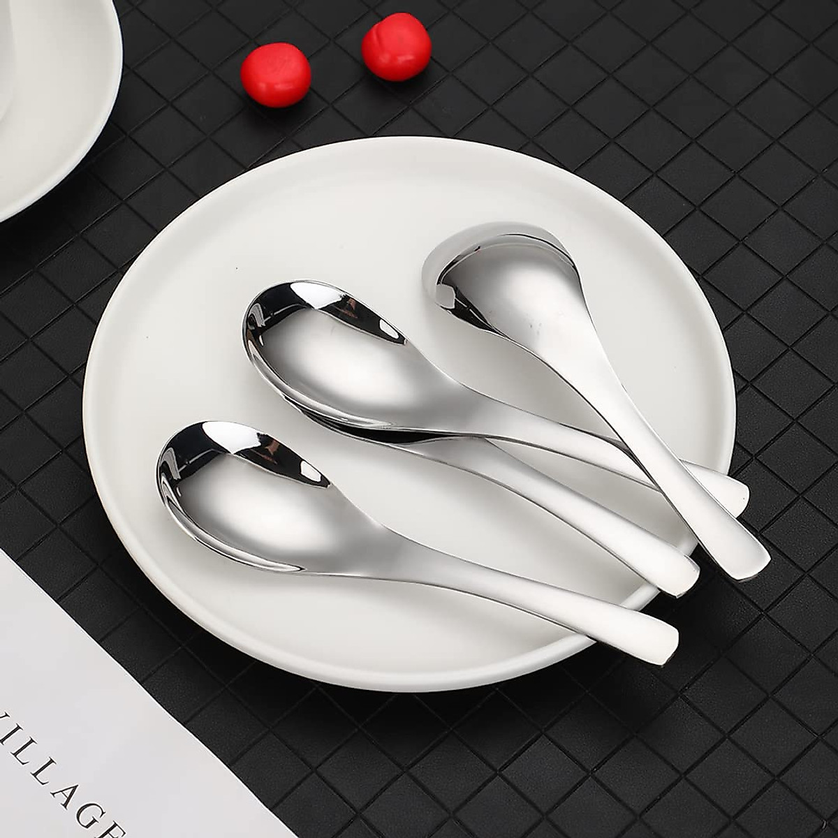 AXIAOLU Thick Heavy-weight Soup Spoons, Stainless Steel Silver Table Spoon, 6.3 inches Korean Spoons for Cereal Ramen Soup Dips Curry Sauces Stews, Set of 4