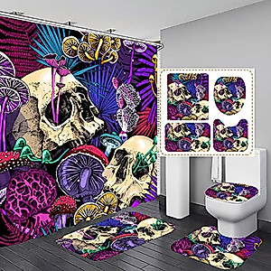 RinRinfam 4Pcs Purple Trippy Mushroom Shower Curtain Set, Fantasy Plant Skeleton Cool Skull Shower Curtain Set Non-Slip Rug,Toilet Lid Cover,U Shape Mat,Waterproof Bathroom Decor Sets with 12 Hooks