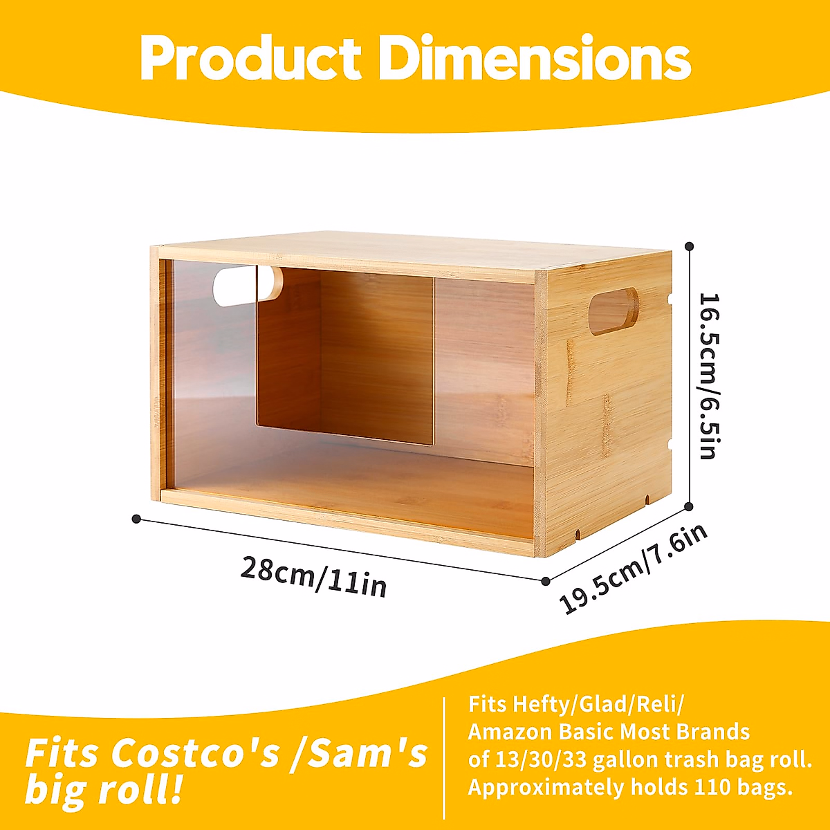 Qozary Extra Large Trash Bag Holder - Wall Mounted Bamboo Trash Bag Dispenser with Handles, Garbage Bag Dispenser Roll Holder for Kitchen Countertop, Under Sink - Keeps Garbage Rolls Neat and Handy