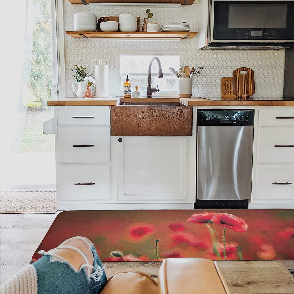 Libaoge Kitchen Mat Rug 1 PCS Red Poppy Runner Rug Anti-Fatigue Comfort Memory Foam Standing Mat Non-Slip Floor Door Mat for Bathroom Bedroom 16x47in