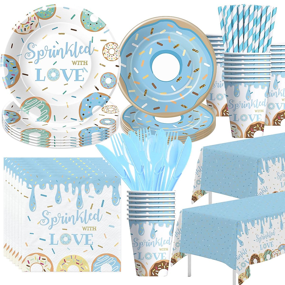 Suhelkit Donut Baby Sprinkle Decorations For Boy - Blue Sprinkled with Love Baby Shower Party Supplies, Plate, Napkin, Cup, Tablecloth, Cutlery, Donut Baby Shower Decorations Tableware, 24 Guests