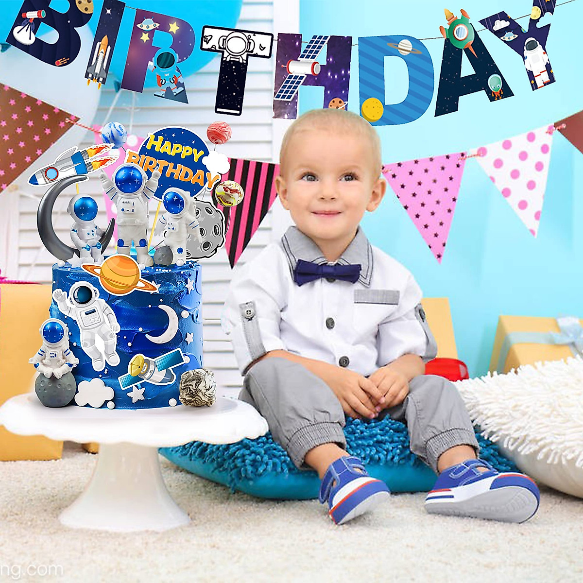Astronaut Figurines Space Cake Toppers Astronaut Planet Rocket Satellite and Star Space DIY Cake Toppers for Space Theme Party Birthday Party Baby Shower Supplies (Blue)