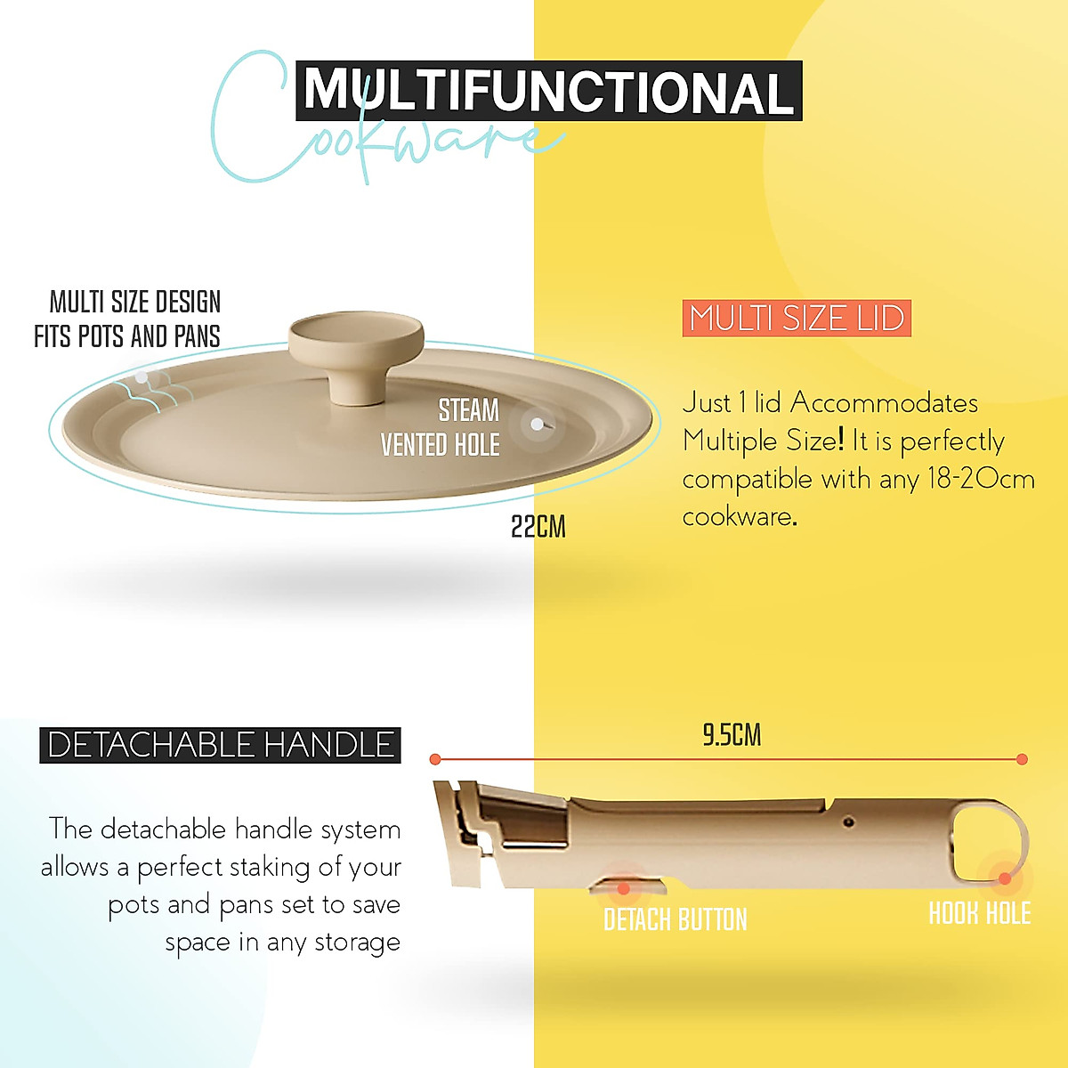Dr.HOWS DANZI Cookware Set, PFOA-free Nonstick Ceramic Coated Pots and Pans for 3-4 People, Multi-size Lid, Detachable Handle, For Gas, Electric, Halogen, Induction stoves PFOA free (8P Set)