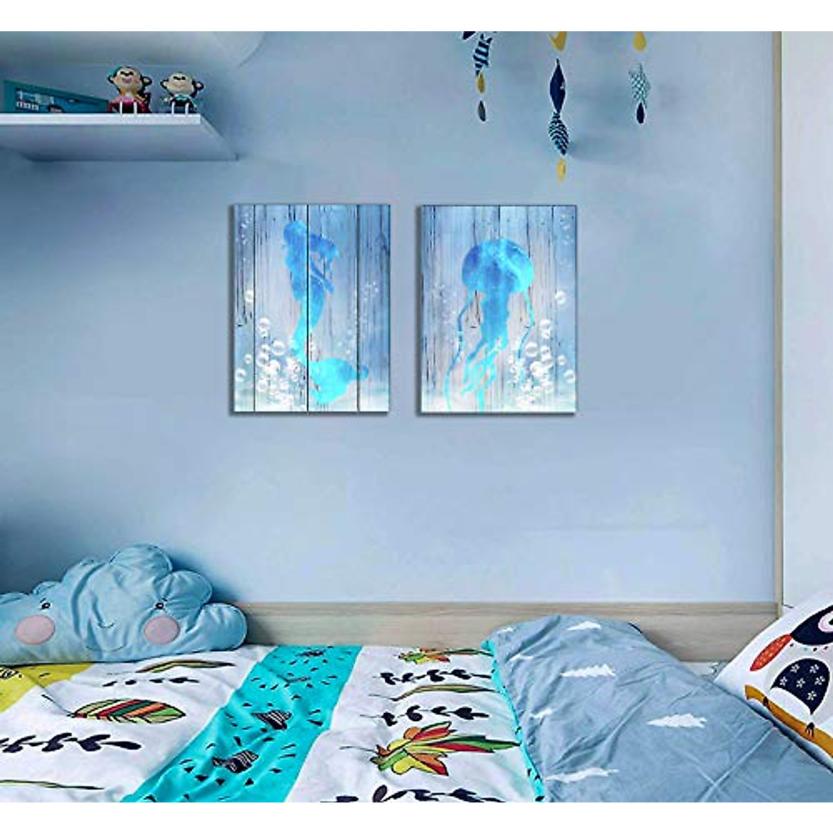 USIXA Mermaid Wall Decor for Bathroom and Girls Room with Set of 2 Panels, Blue Jellyfish Canvas Artwork 12x16 Inches in Wooden Frame