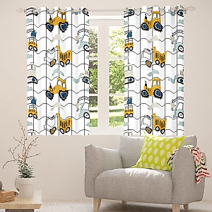 Cartoon Car Kids Window Curtains,Construction Equipment Trucks Window Drapes for Girls Boys Adults,Tractor Excavator Crane Grids White Yellow Window Treatments Grommet Top 2 Panel Set,52Wx84L inch