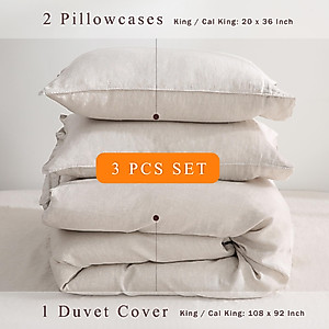100% Pure Linen Duvet Cover Set - Soft, Breathable & Durable with Button Closure and Corner Ties, Natural Washed French Flax (3P-Natural Linen, 1Duvet Cover + 2Pillowcases - King/Cal King)