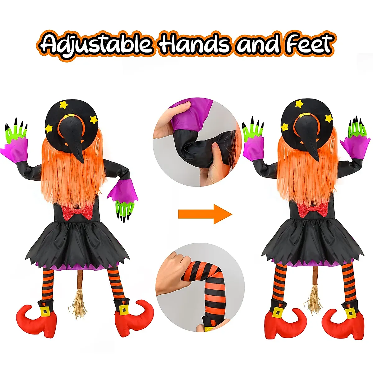 Large Crashing Witch Decor(55'' H), Halloween Decorations Clearance Outdoor Witch Props Ornaments, Hanging into Tree/Porch Pole/Door/Yard, with Adjustable Band, Outside Garden Funny Witches Crashed