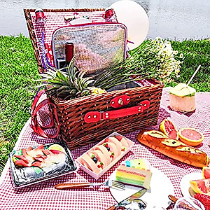 Wicker Picnic Basket Set for 4 Persons with Large Insulated Cooler Bag and Waterproof Picnic Blanket, Willow Picnic Hamper for Family, Outdoor, Camping, Party(Red)