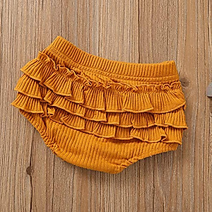 Infant Baby Girls Ribbed Outfits Set Sleeveless Romper Tank Tops Ruffle Shorts Headband Summer Newborn Clothes (Earthy Yellow, 12-18 Months)