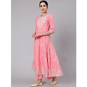 DREAMANGEL FASHION Womens Party Wear Pure Cotton Anarkali Kurta and Palazzo With Dupatta (as1, alpha, s, regular, regular, Pink, Small)