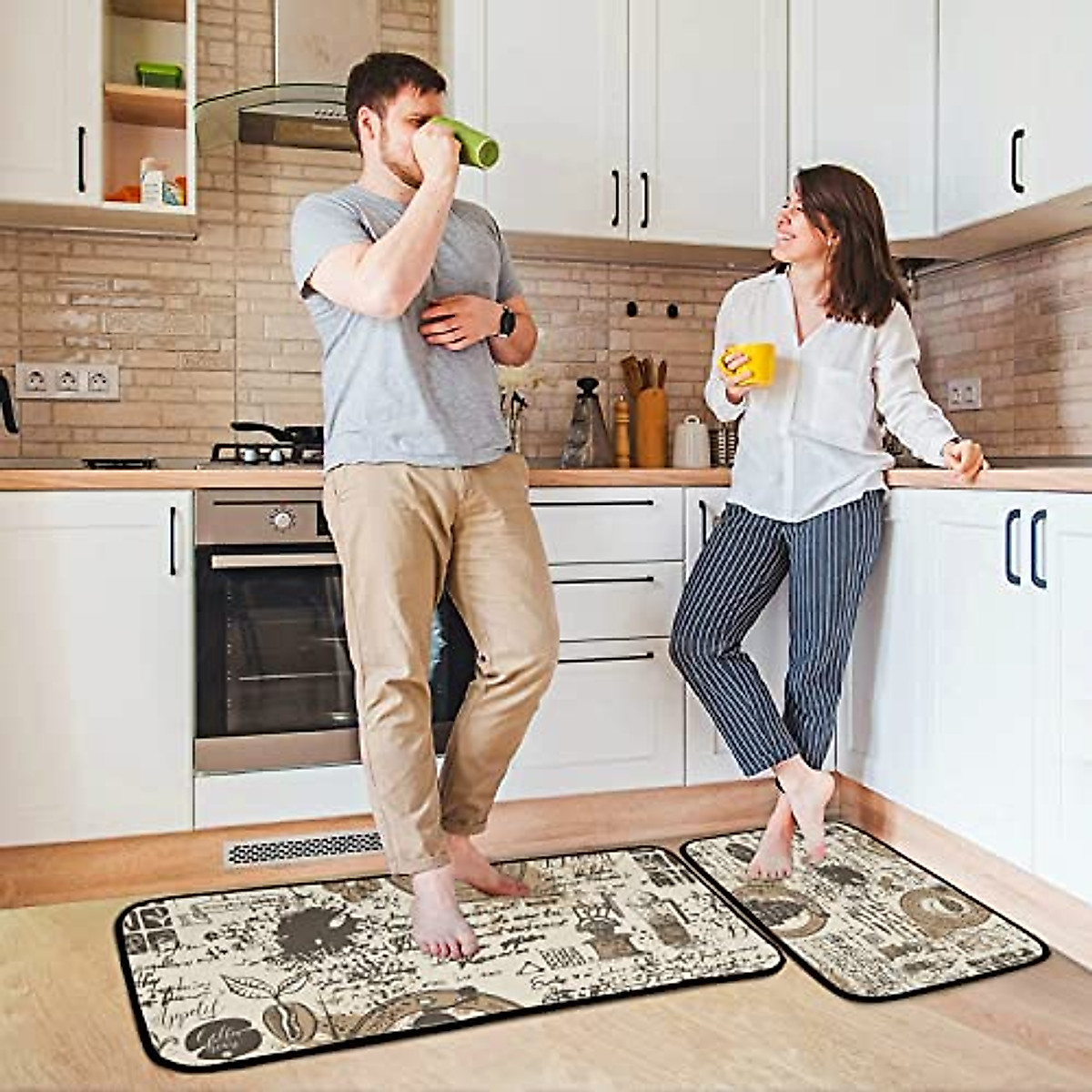 J JOYSAY Coffee Theme Symbol Retro Kitchen Rugs and Mat 2 Pieces Set Cushioned Anti Fatigue Kitchen Mat Non Slip Comfort Standing Mat Washable Farmhouse Decor for Kitchen Floor Home Office Laundry