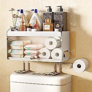 Over Toilet Storage Shelf, 2-Tier Over The Toilet Shelf Organizer for Bathroom, No Drilling Toilet Cabinets with Adhesive Base, Space Saver Behind Toilet Bathroom Organizer Rack for Paper Shampoos（S）