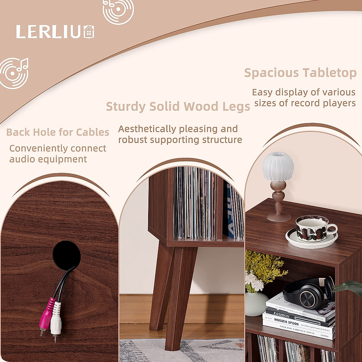 Lerliuo Record Player Stand, Walnut Turntable Stand Holds up to 160 Albums, Mid-Century Vinyl Storage Cabinet Table with Solid Wood Legs, Record Player Holder Dispaly Shelf for Bedroom Living Room