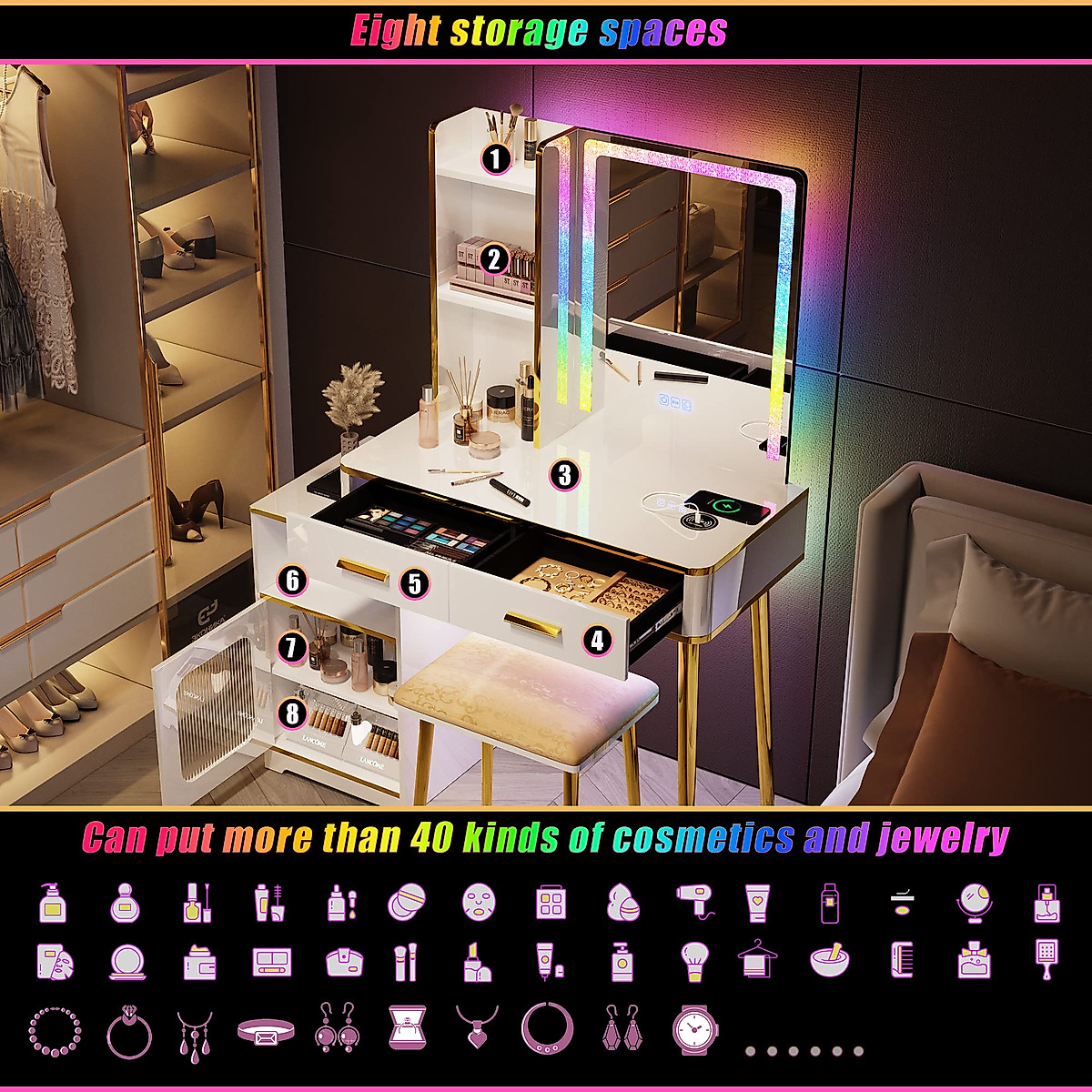 FREDEES Lighted Vanity Mirror Set with Touch Screen, Drawers, and Stool - White