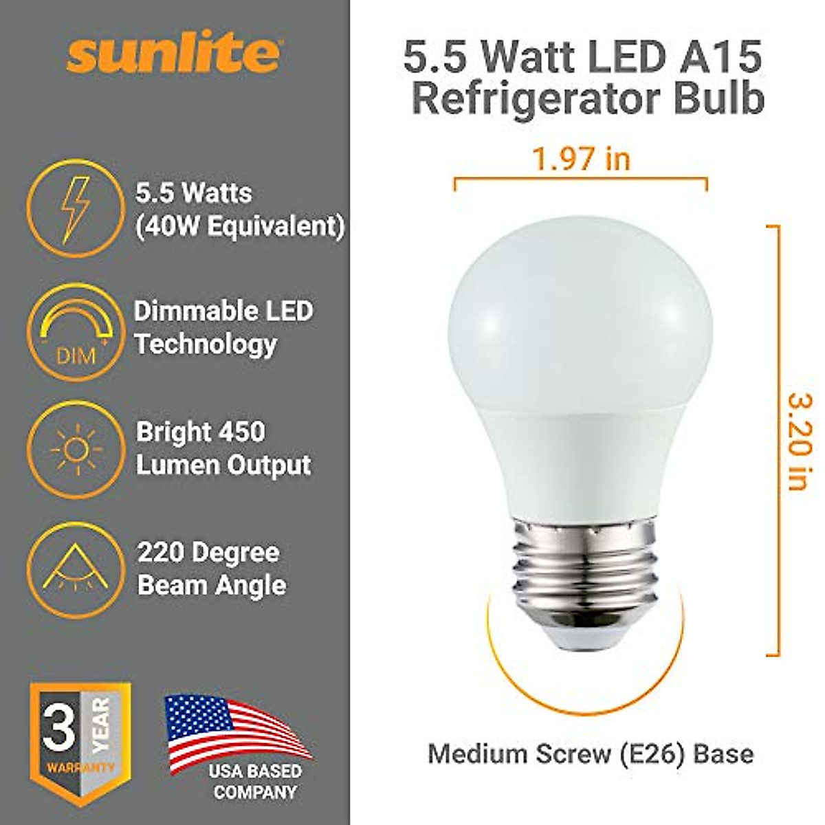 Sunlite LED A15 Refrigerator Light Bulb, 5.5 Watts (40W Equivalent), 450 Lumens, Medium Base (E26), Dimmable, Frosted Finish, UL Listed, 40K - Cool White, 6 Pack