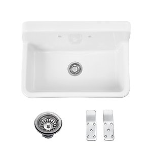 ELLAI 30 Inch White Wall Mount Utility Sink High Back Wall Mounted Ceramic Laundry Tub 15 Gallon Slop Sink for Laundry Room, Garage, Kitchen, Basement 30" x 19" x 18"