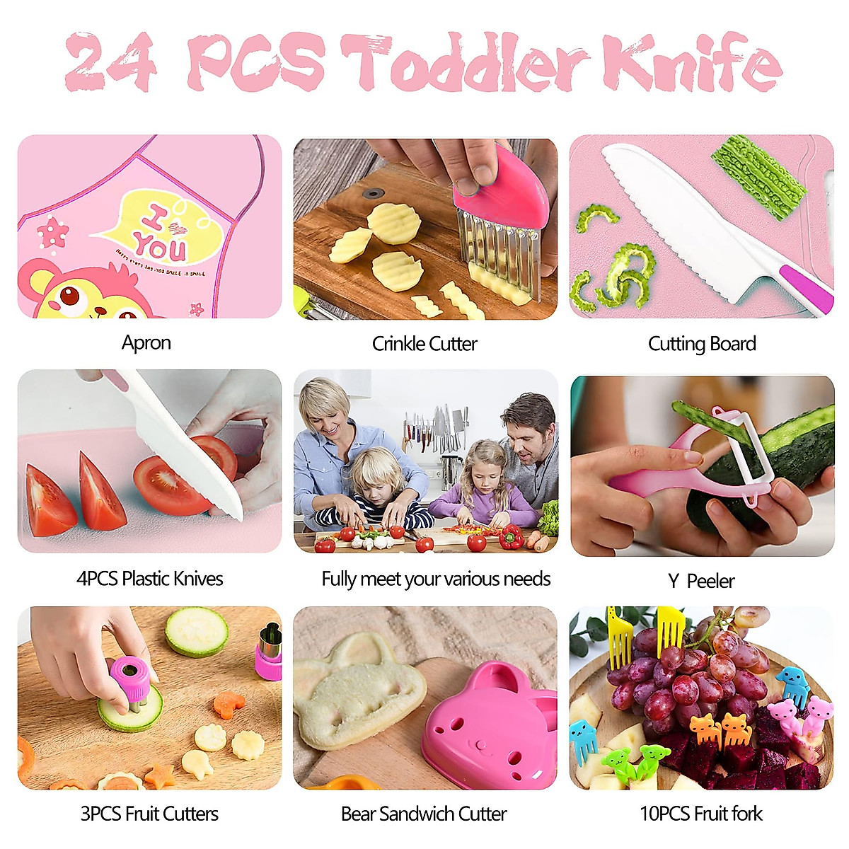 Montessori Kitchen Tools for Toddler, Kids Kitchen Knife Set Include Serrated Edges Plastic Toddler Knife,Kids Knives For Real Cooking With Cutting Board