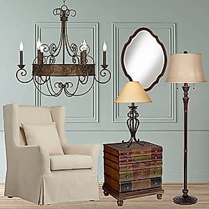 Regency Hill Brooke Traditional Standing Floor Lamp 60" Tall Rich Bronze Copper Accents Metal Column Brown Burlap Modified Bell Shade for Living Room Reading House Family Bedroom Home