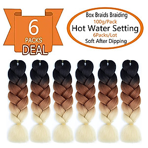SHUOHAN 6 Packs Ombre Jumbo Braiding Hair Extensions 24 Inch High Temperature Synthetic Fiber Hair Extensions for Box Braids Braiding Hair (Black to Brown to Beige)