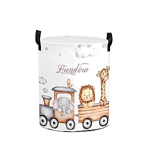 Personalized Laundry Basket, Train Elephant Lion Giraffe Custom Storage Bins Laundry Hamper with Name Collapsible Toys Organizer Gift