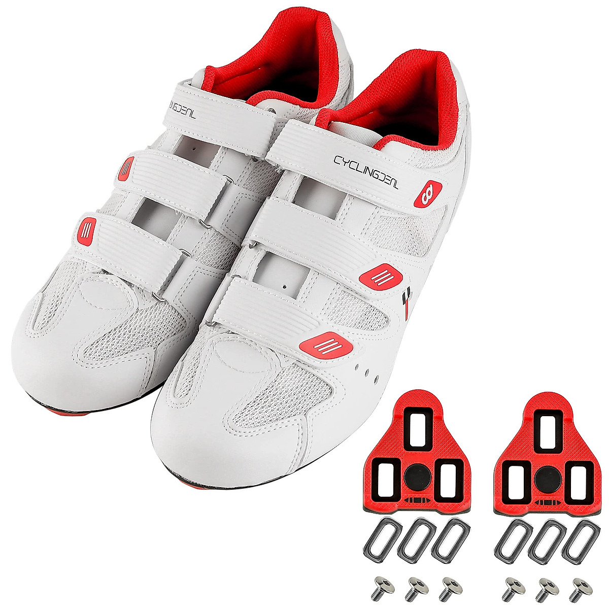 CyclingDeal Bicycle Road Bike Universal Cleat Mount Men's Cycling Shoes White with 9-Degree Floating Look ARC Delta Compatible Cleats Compatible with Peloton Indoor Bikes Pedals Size 49