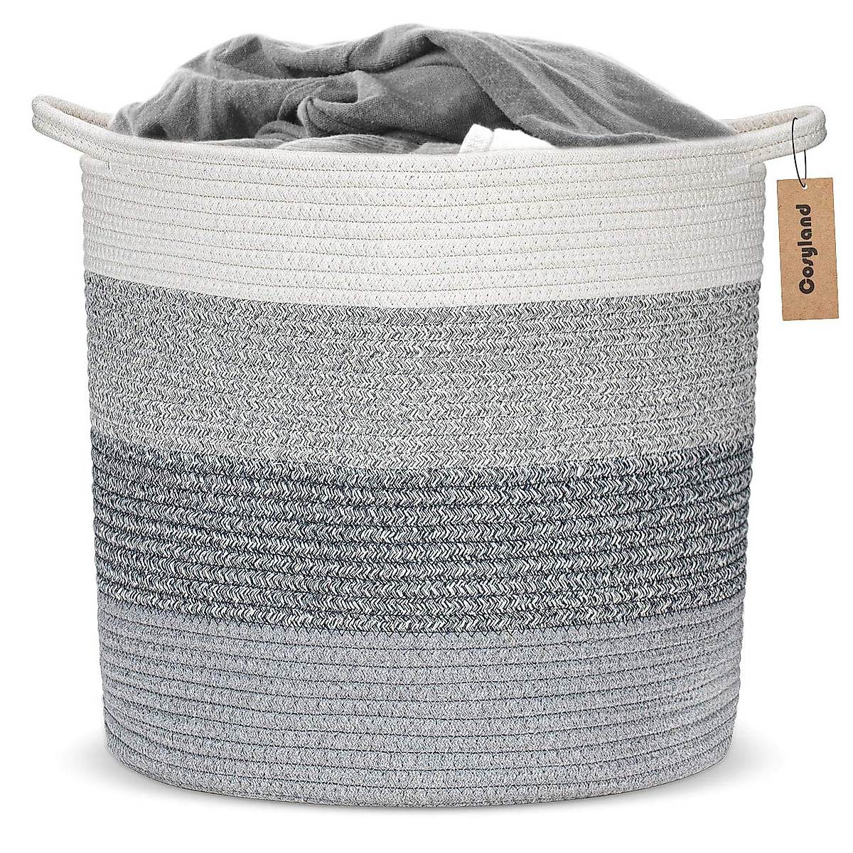 COSYLAND Large 15.7“x15.7“x10“ Storage Laundry Basket Woven Cotton Rope Organizer for Blanket Toys Towels Baby Nursery Hamper Bin with Handle