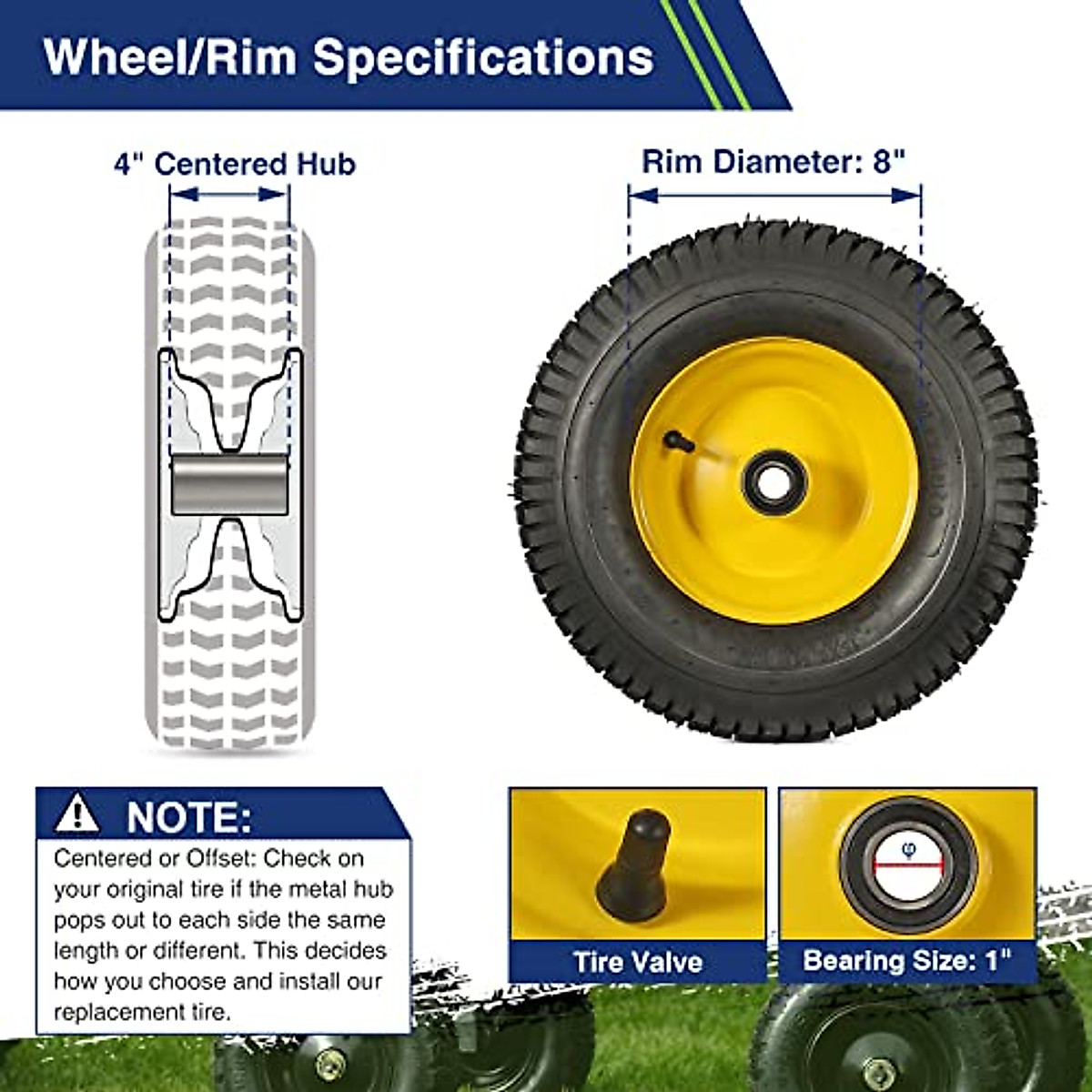 MaxAuto 2Pcs 16x6.50-8 Tire and wheel for Lawn Riding Mowers Garden Tractors, 4" Centered Hub with 1" Axle Bore,Yellow Rim