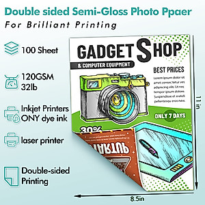 Koala Thin Double Sided Semi-Gloss Photo Paper 8.5X11 Inch 100 Sheets 32LB for Inkjet and Laser Printer for Menu Flyer Print